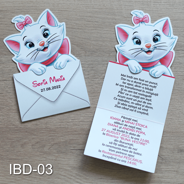 Invitatii botez fete - Decupate - Pisica Marie - IBD-03 - Produse BOTEZ ...