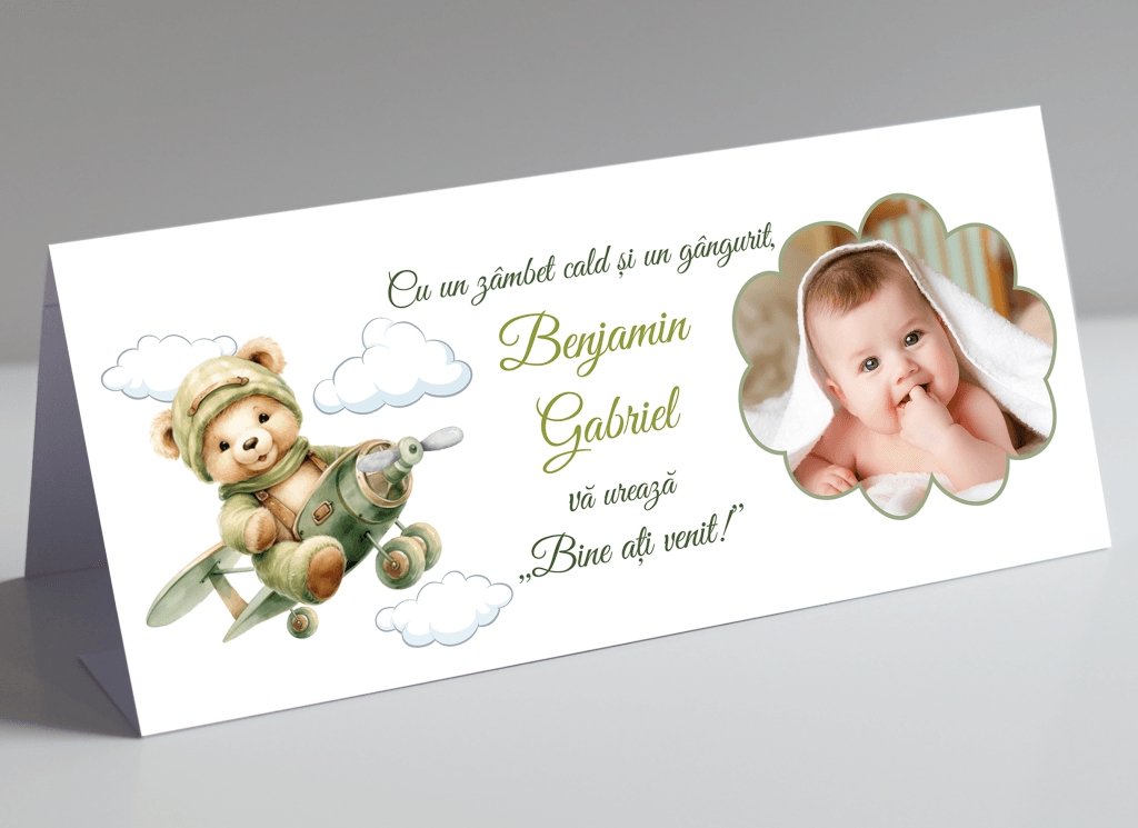 Plic de bani cu poza - Ursulet in avion - PBBF-070 - Produse BOTEZ si NUNTA