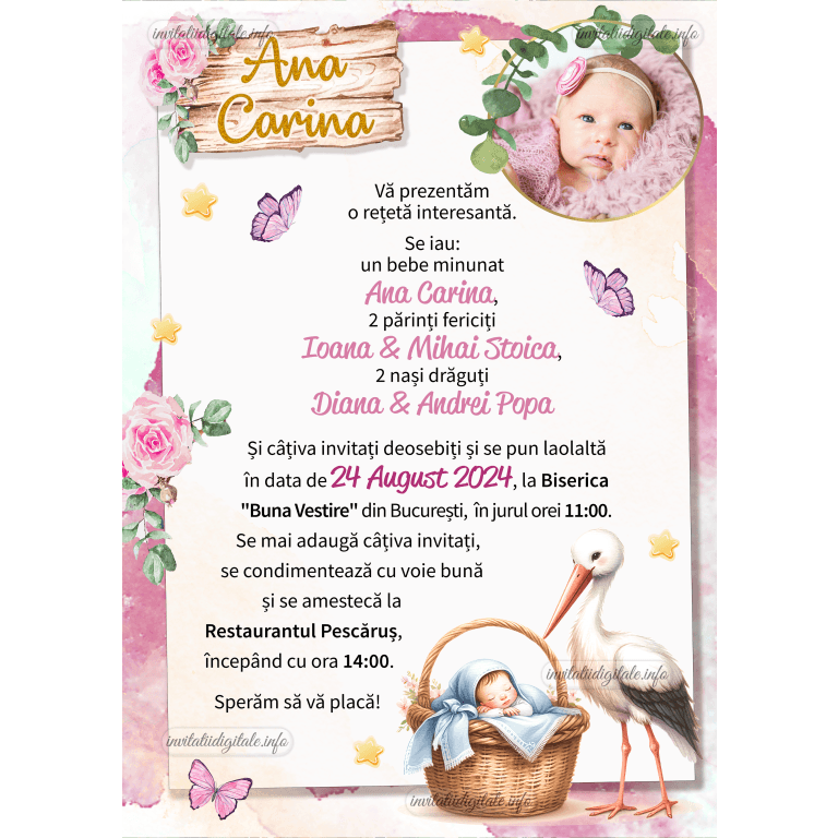 Invitatie digitala botez cu poza - fetite - Barza - IBF-67 - Produse ...