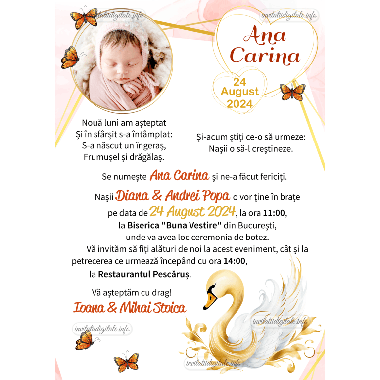 Invitatie digitala botez cu poza - fetite - Barza - IBF-67 - Produse ...