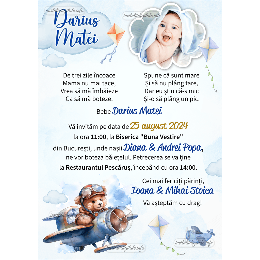 Invitatie digitala botez cu poza - baieti - Ursulet - IBF-26 - Produse ...