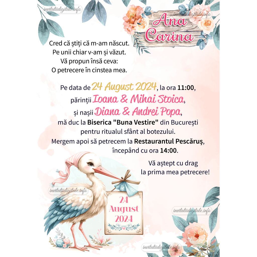 Invitatie digitala botez cu poza - fetite - Barza - IBF-67 - Produse ...